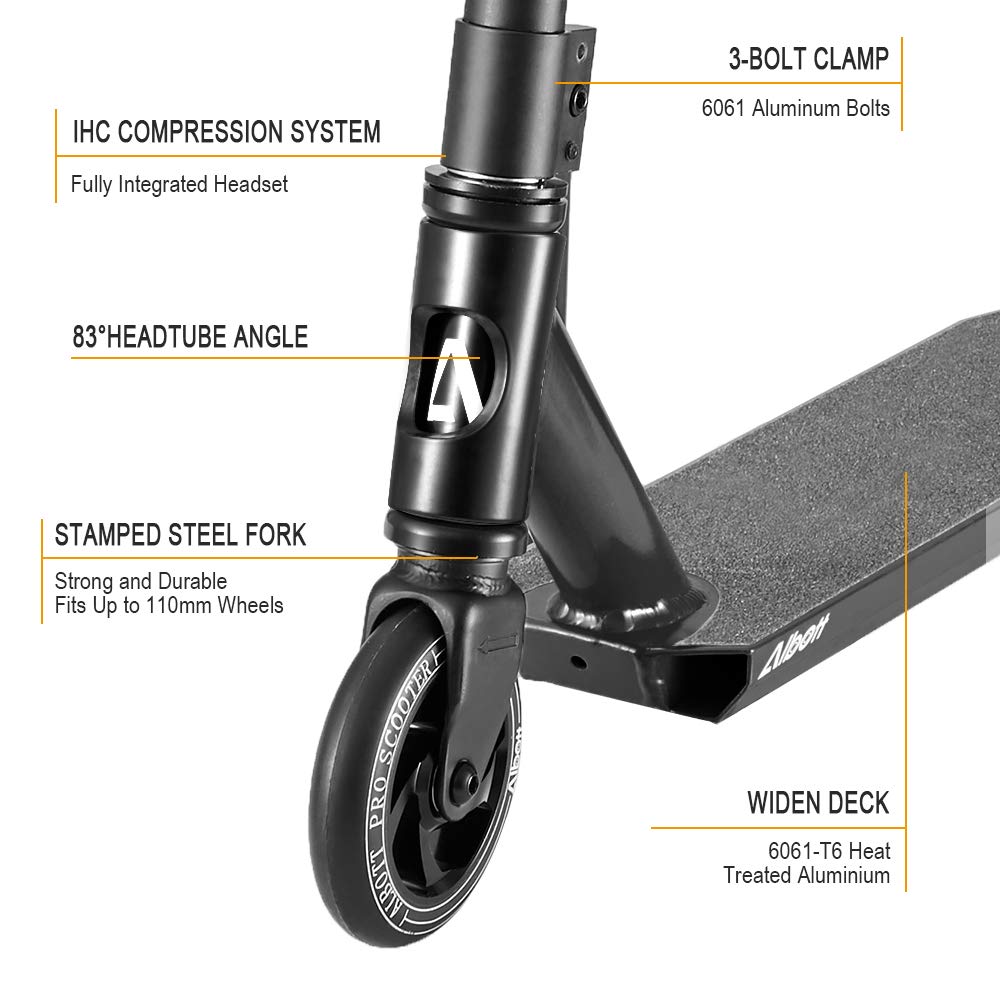 Albott Pro Scooters Trick Scooter - Freestyle 110mm Aluminium Core Wheels Stunt Scooters for Kids 8 Years and Up Entry Level Scooter for Beginner Boys Teens Adults(Black)