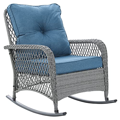 VONZOY Outdoor Rocking Chair, Wicker Patio Furniture with Thickened Cushions for Porch (Blue)