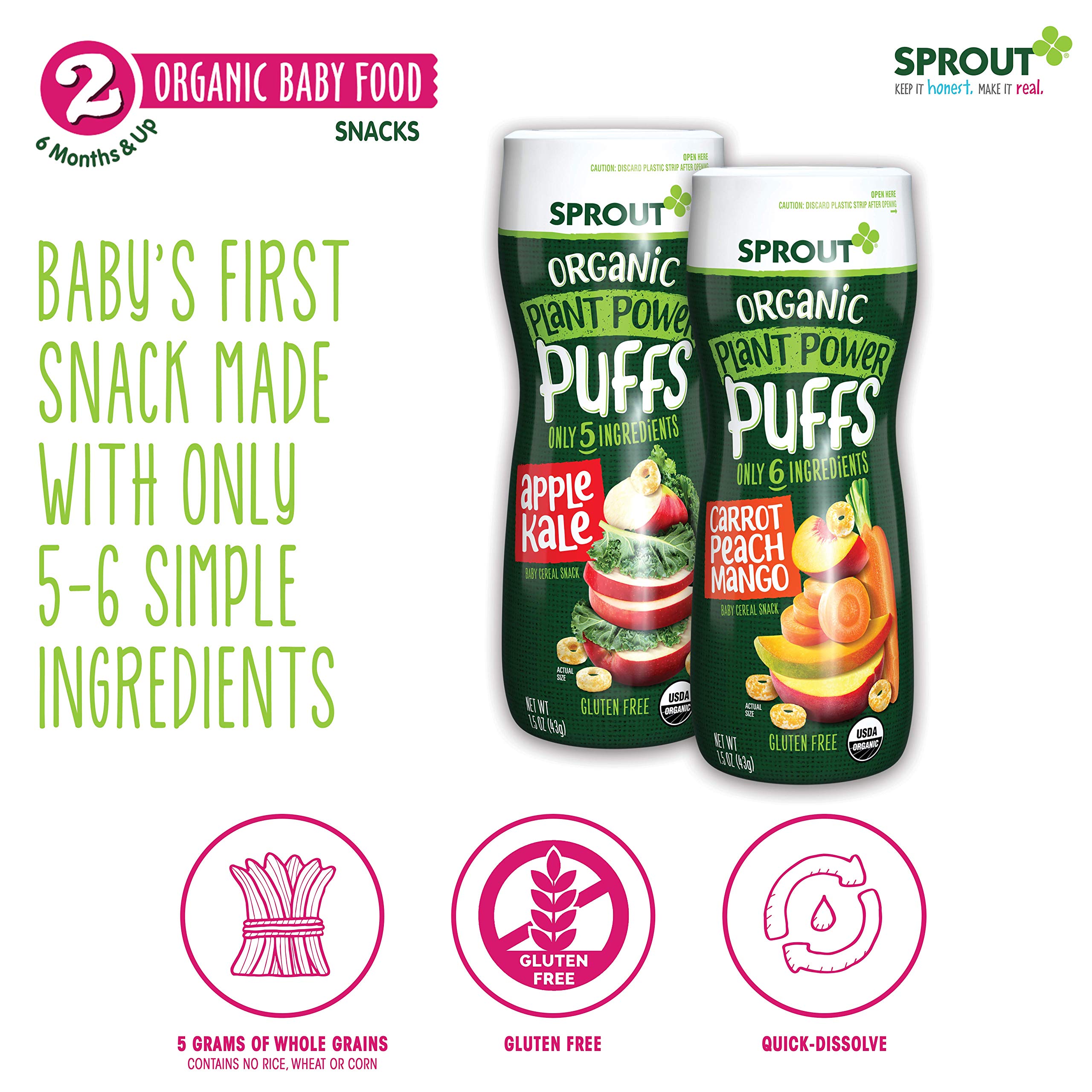 Sprout Organic Baby Food, Stage 2 Snacks, Carrot Mango and Apple Kale Plant Power Baby Puffs Variety Pack, 1.5 Oz Canister (6 Count)