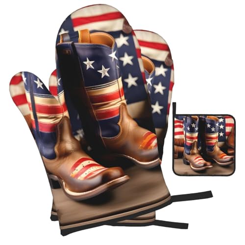 American Flag with Cowboy Boots Oven Mitts and Pot Holders Set–Ultimate Heat Resistant Set for Kitchen and Dining