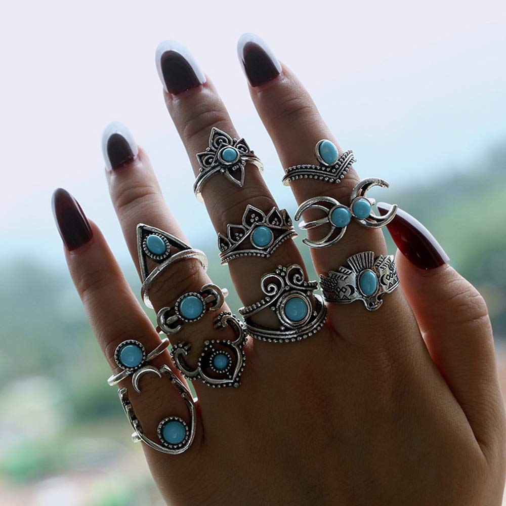 Asphire 11Pcs Bohemian Stacking Knuckle Rings Set Turquoise Midi Ring Punk Silver Animals Finger Rings for Women