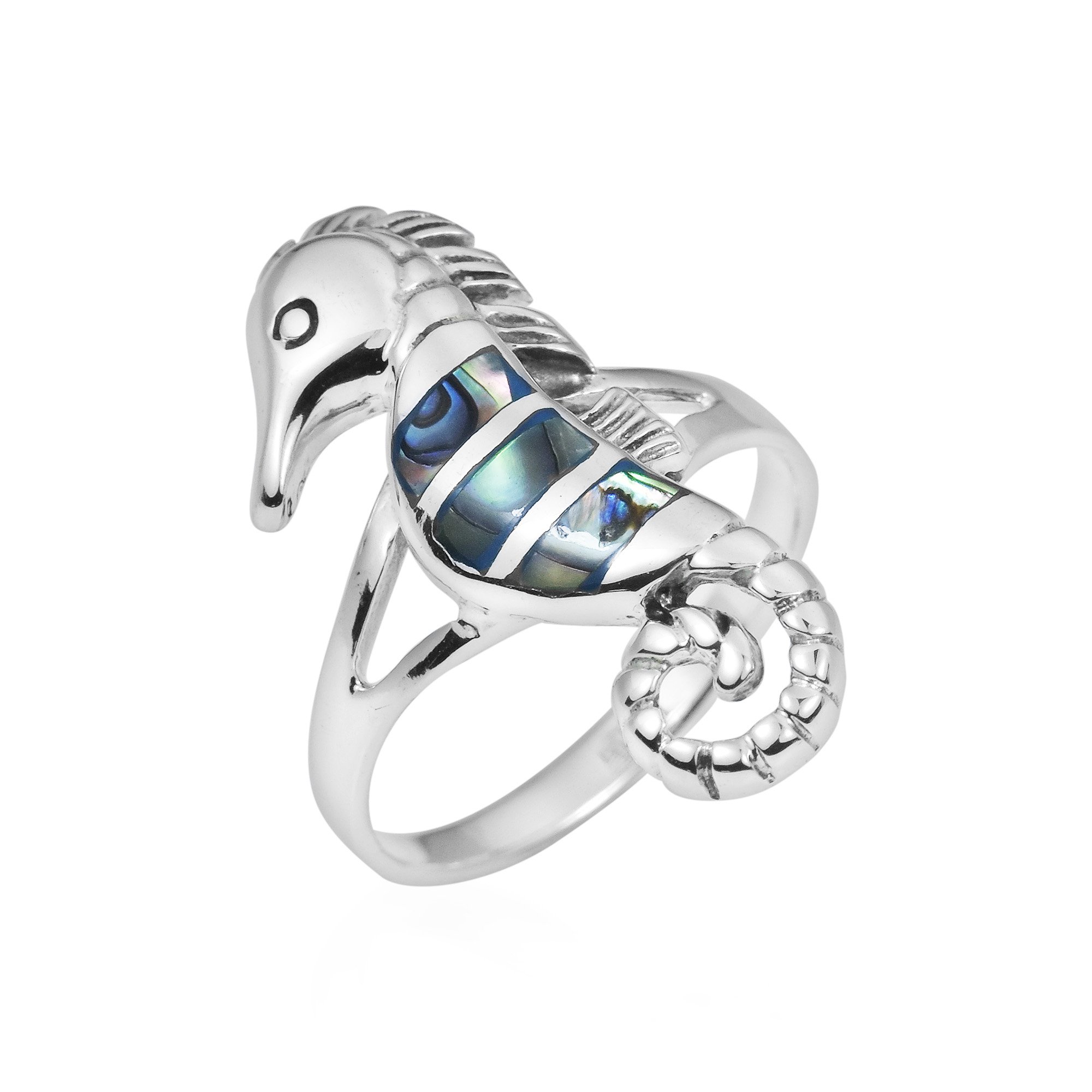 AeraVida Charming Tropical Seahorse Inlay Abalone Shell .925 Silver Ring (8)