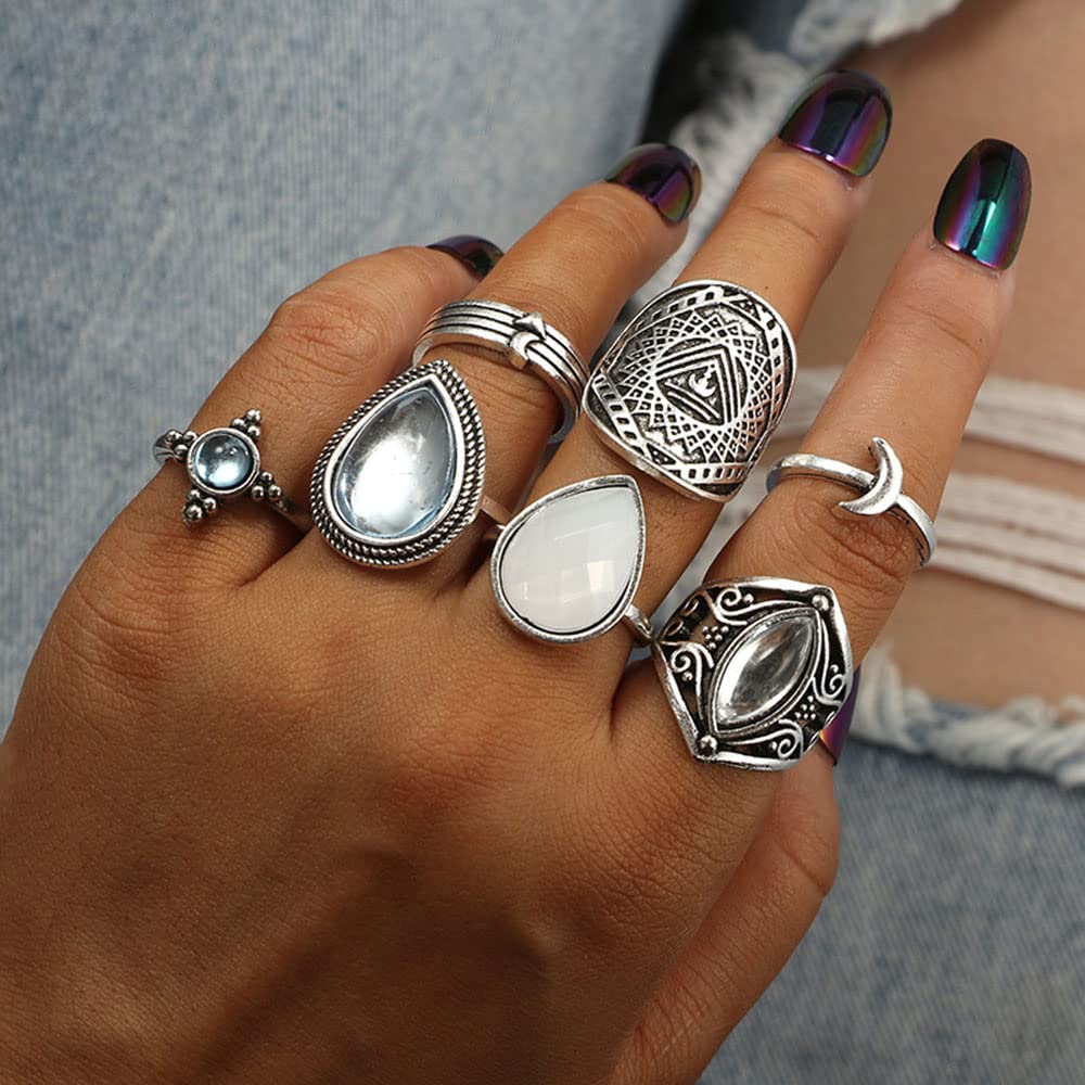 Asphire 7pcs Bohemian Joint Knuckle Rings Set Opal Gemstone Stackable Midi Ring Band Vintage Carved Geometric Finger Rings Sapphire Chunky Ring Pack for Women (Style 5)