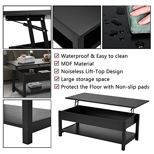 Panana Lift Top Coffee Table with Hidden Compartment & Open Storage Shelf, Lift Tabletop Farmhouse Table Pop Up Table for Living Room,Home Office Reception, 45.28" L x 21.16" W x 16.14" H (Black)