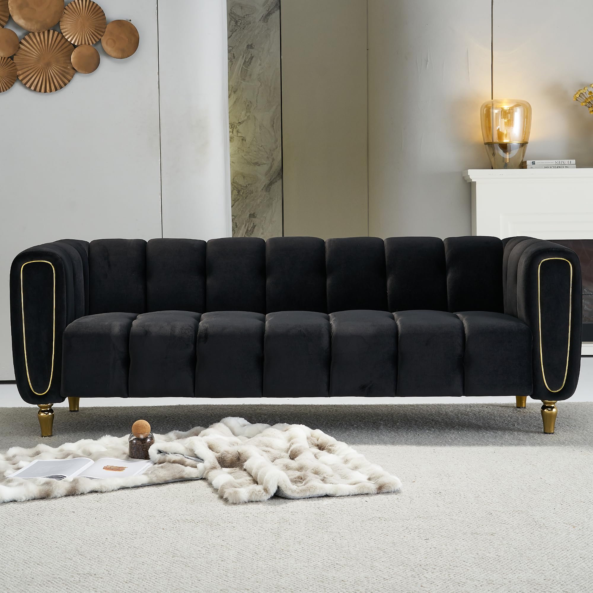 Homtique Modern Sofa for Living Room, Oversized Sofa-83inch Comfy Velvet Sofa, Channel-Tufted Design Couch Deep Seat for Bedroom, Studio, Office (Black)