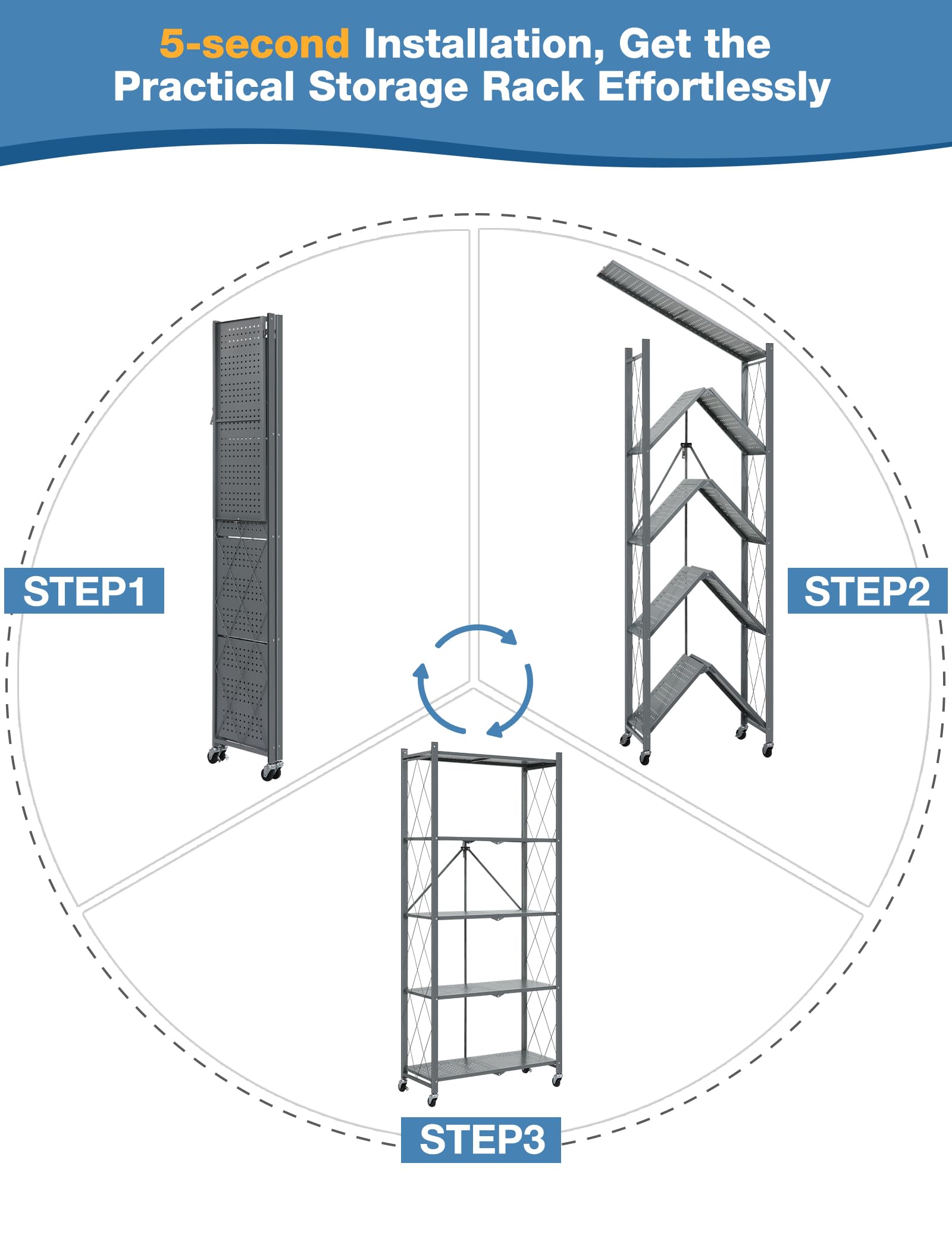 ALANNG 70.7" H Metal Storage Shelves, 5 Tier Folding Storage Shelves on Wheels, Heavy Duty Collapsible Shelving Unit, No Assembly Storage Rack for Kitchen, Basement, Pantry (Grey,1 Pack)