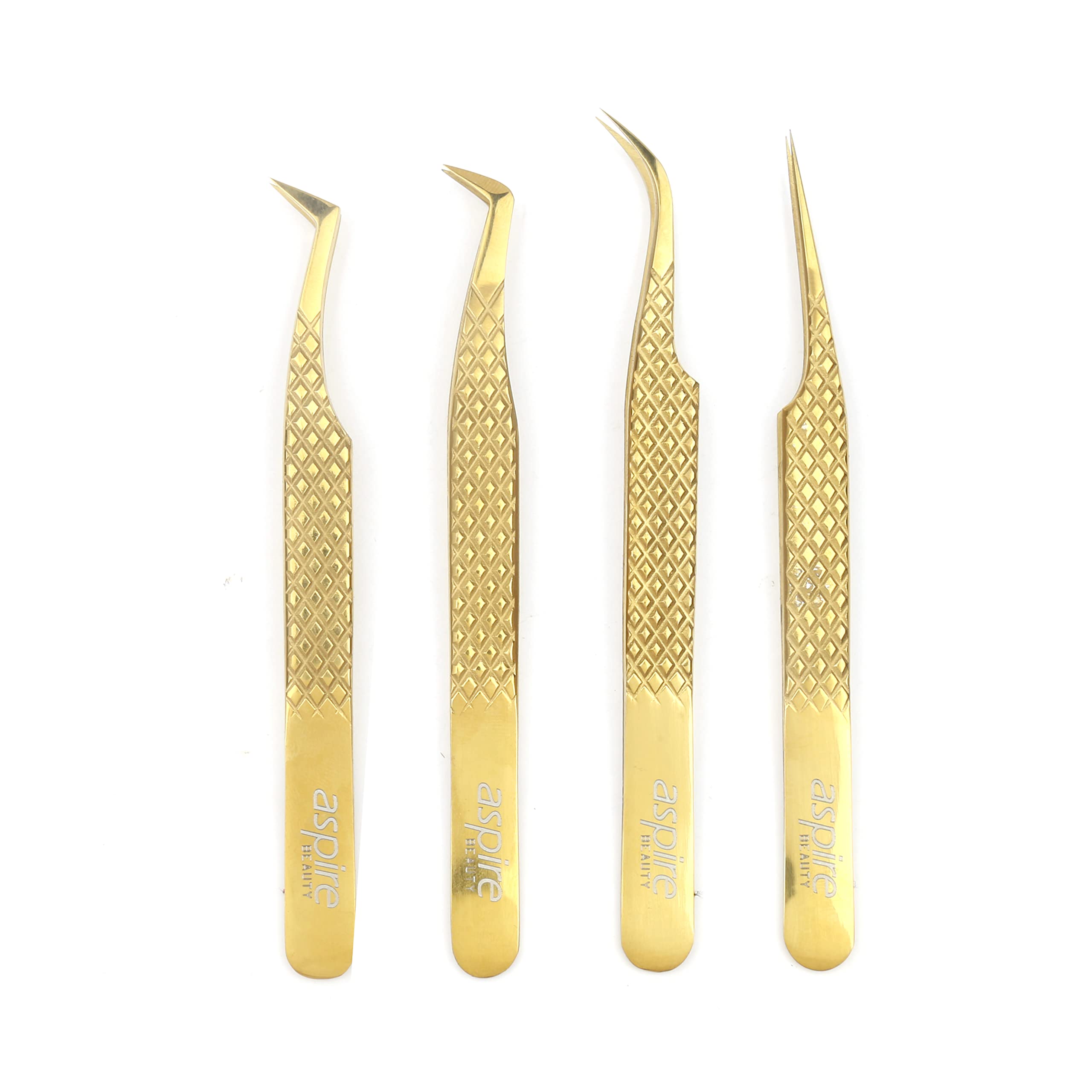 Aspire Beauty 4pc Precision Volume And Straight Eyelash Extension Tweezer Set With Diamond Grip- Made By Japanese Stainless Add To Your Lash Kit(gold)