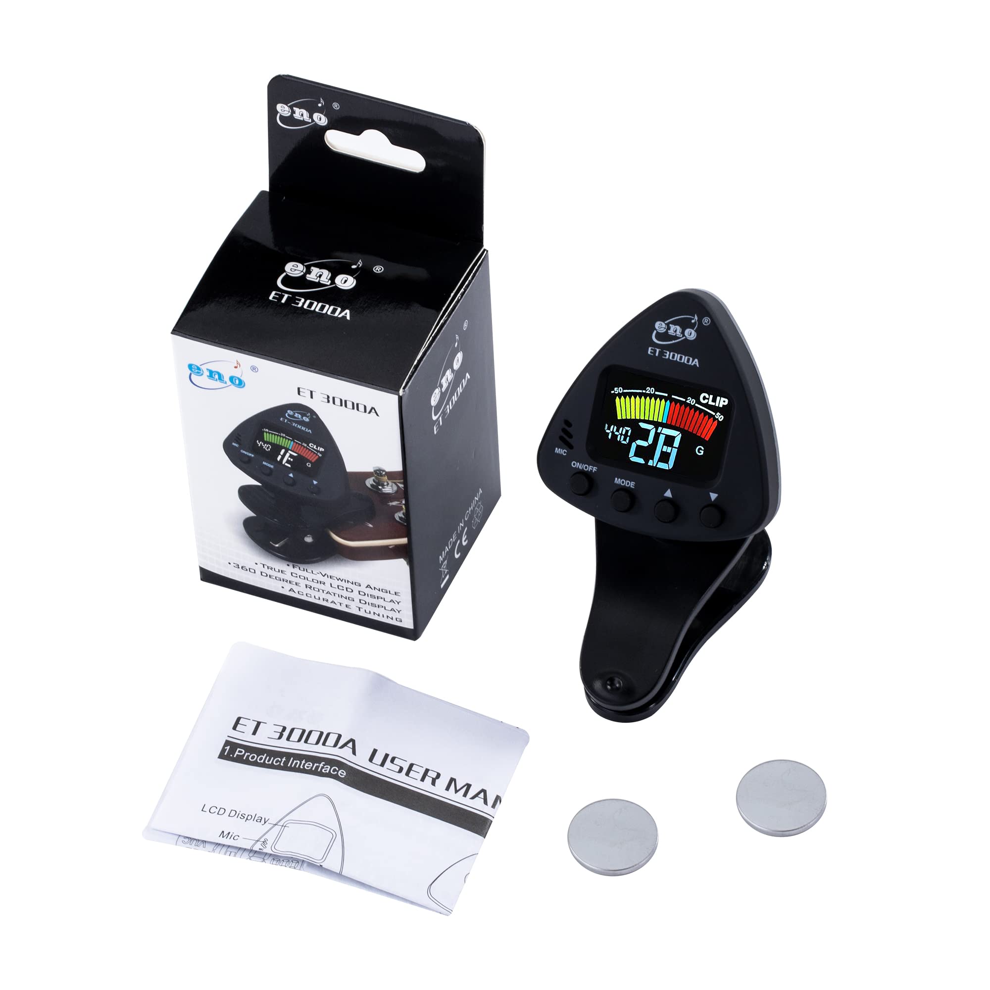 ENO MUSIC Stable Quality Big LCD Display Easy to Read Auto Clip-on Acoustic Electric Guitar Tuner Bass Tuner with Ukulele Violin Chromatice Tunning Mode