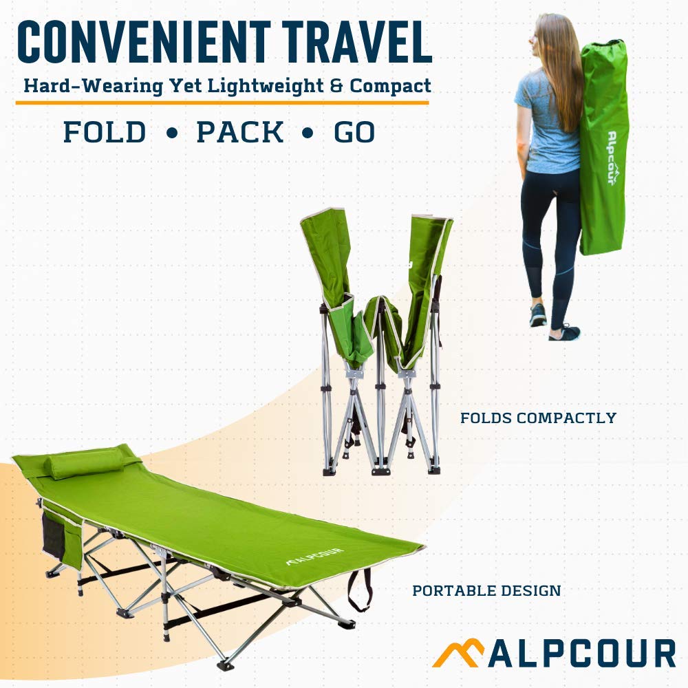 Alpcour Folding Camping Cot β Deluxe Collapsible Single Person Bed in a Bag w/Pillow for Indoor & Outdoor Use β Ultra Lightweight, Comfortable, Heavy Duty Design Holds Adults & Kids Up to 300 Lbs