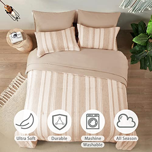 Mybedsoul Khaki Comforter Set Queen Size, Cationic Dyeing Stripes Comforter All Season Bedding Set, Soft Microfiber 7 Pieces Bed in a Bag (2 Pillow Shams, Flat Sheet, Fitted Sheet and 2 Pillowcases)