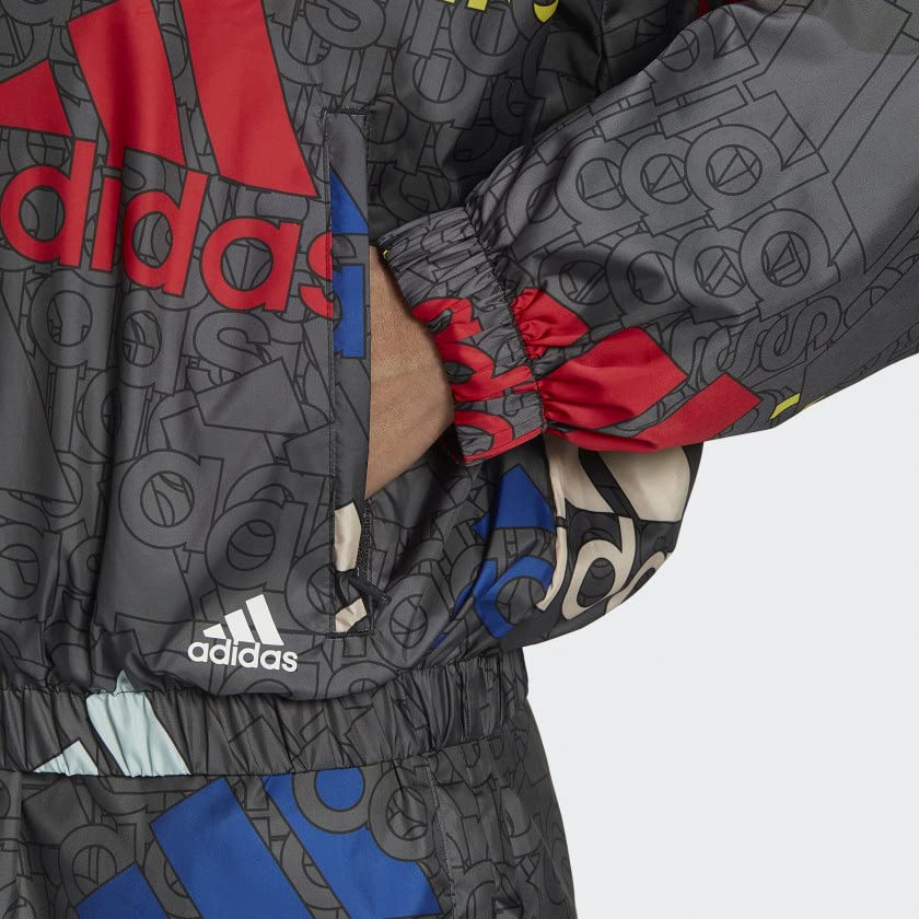 adidas Women's Essentials Multi-Colored Logo Windbreaker, Carbon/Multicolor/White, Small