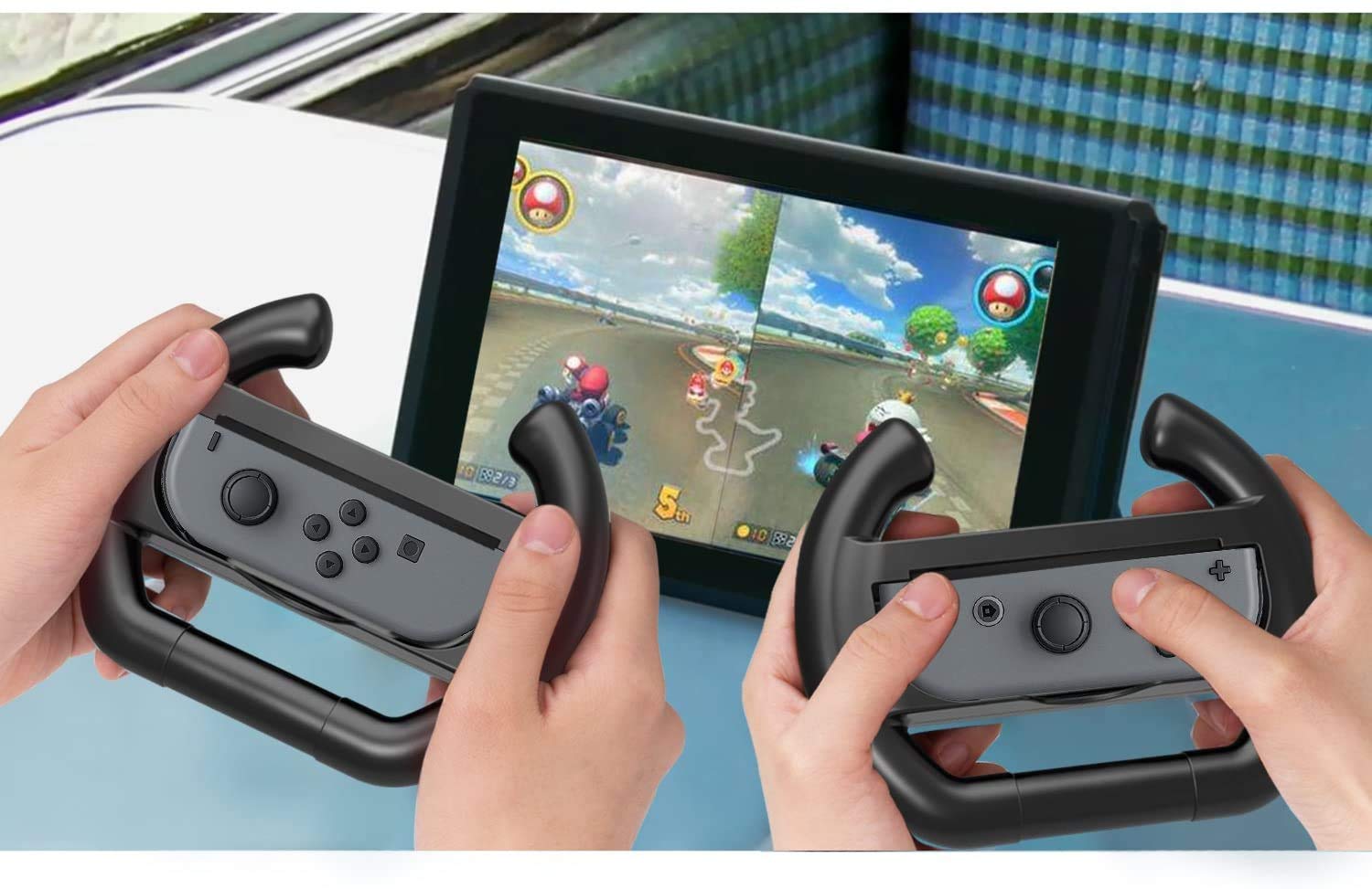 EIMGO 2 x Steering Wheels for Nintendo Switch Joy-Con Racing Game Controller Attachments Handle Grips Set (Flat-bottom, Black)