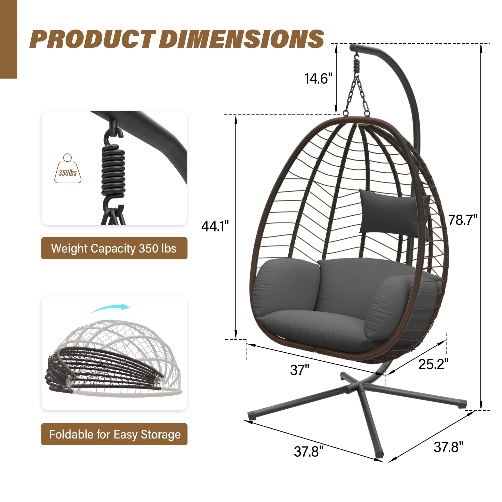 ALAULM Egg Swing Chair Outdoor Indoor Wicker Rattan Hanging Chair with Stand 350lbs Capacity w/Strong Frame & Grey Cushions for Patio Balcony Bedroom