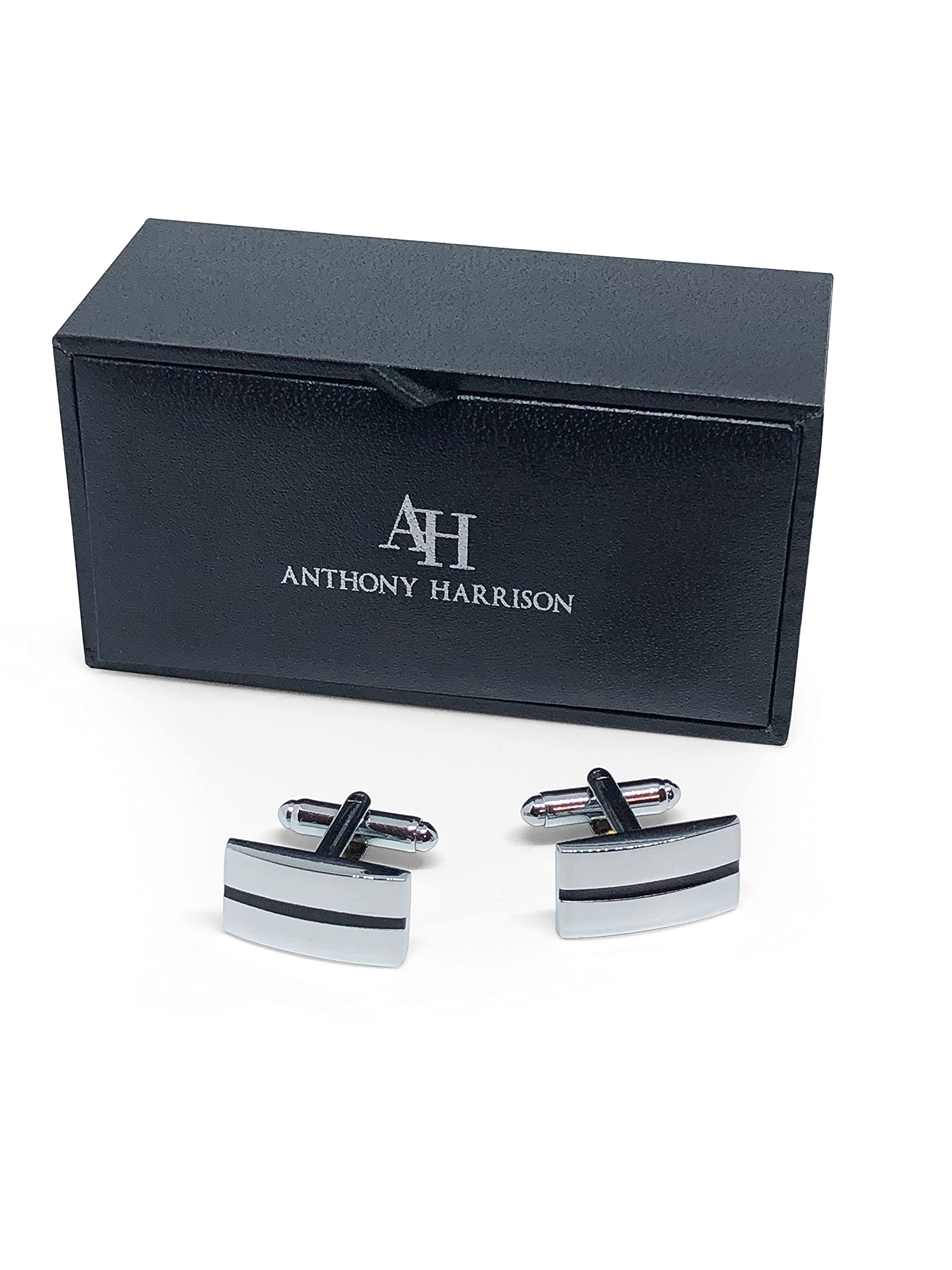 Anthony Harrison Men's Cufflinks – Silver Black Cufflinks for Men – Premium Stainless Steel Jewelry for Men – Elegant and Classy Cufflinks for Men Set – Ideal for Wedding, Party, Ceremony