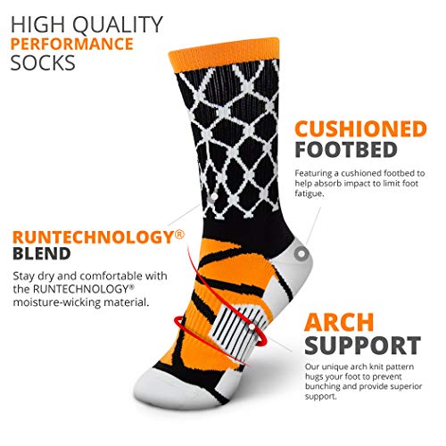 ChalkTalkSPORTS Basketball Woven Mid-Calf Socks | Hoop and Ball | Black & Orange