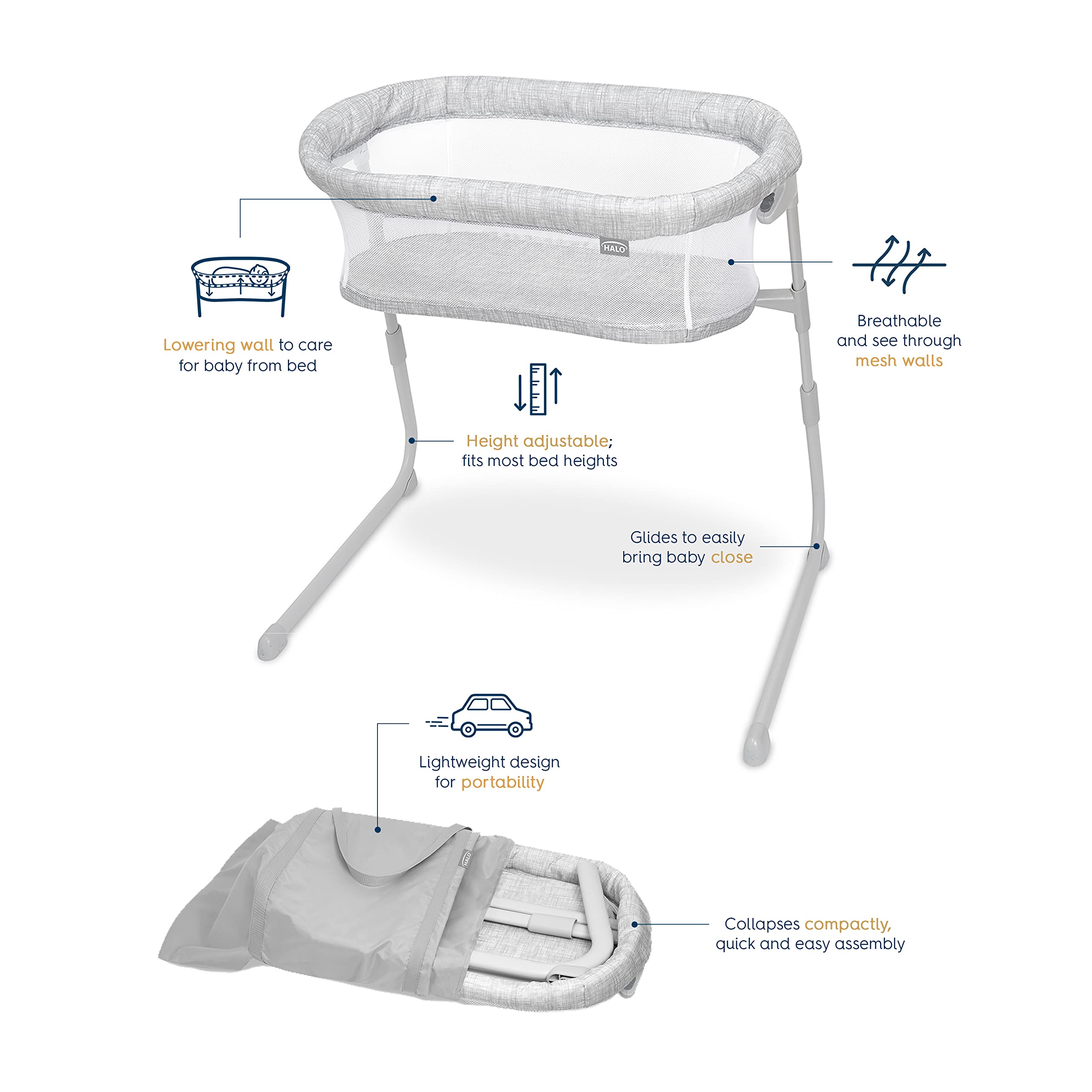 HALO Baby Flex BassiNest, Adjustable Travel Bassinet, Easy Folding, Lightweight with Mattress and Carrying Bag