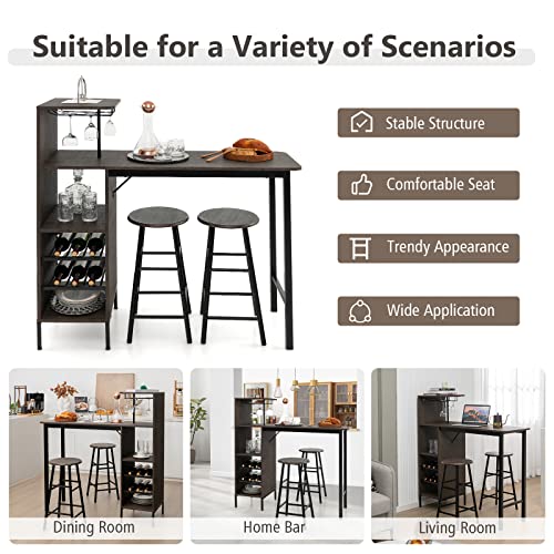 GOFLAME Bar Table and Chairs Set for 2, Counter Height Dining Table Set with Shelves, Cup Holder & Wine Rack, Breakfast Table & Chair Set, 3-Piece Pub Table Set for Kitchen, Dining Room