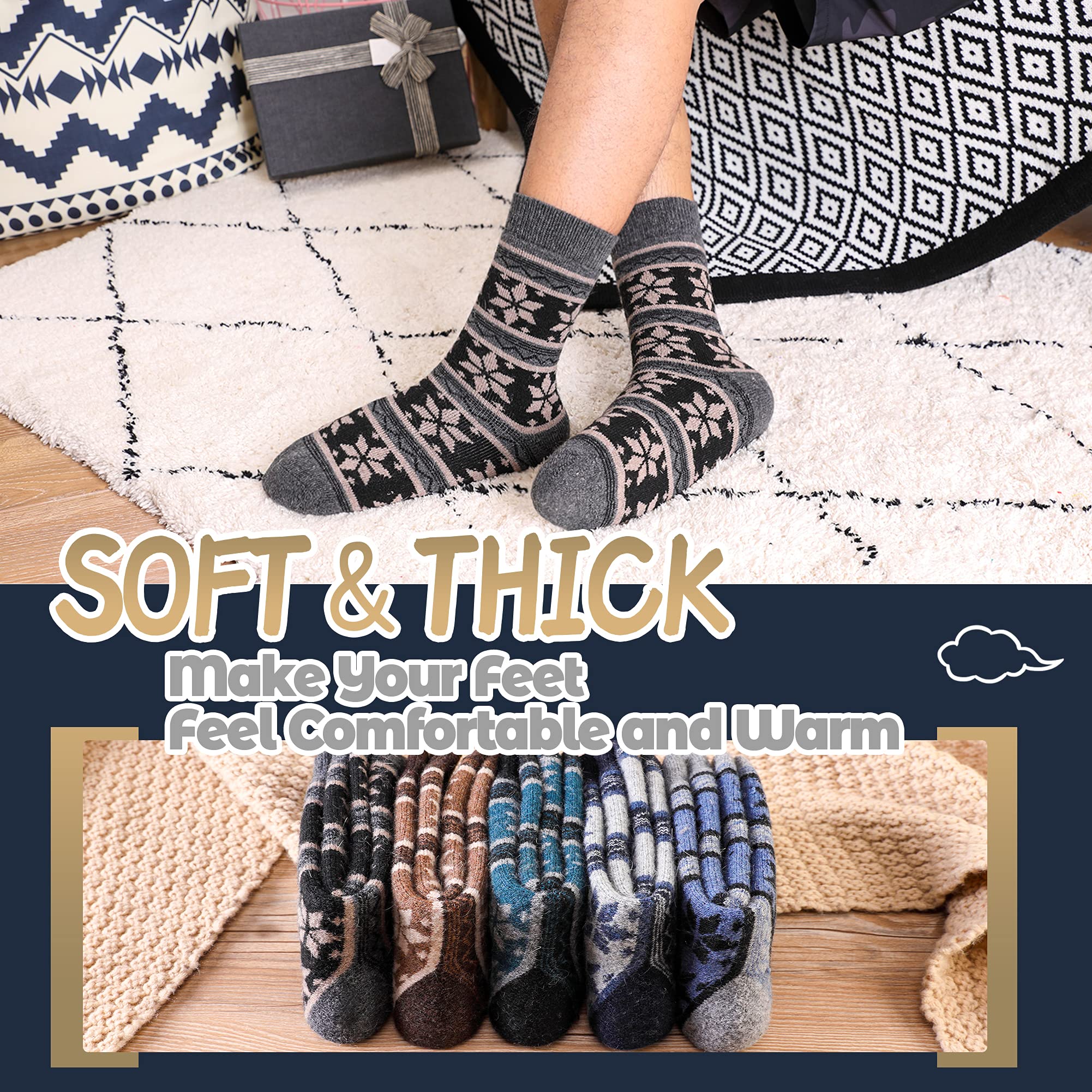 AMENLAN Men Merino Wool Socks Soft Cozy Warm Thermal Thick Hiking Heavy Work boot Winter Crew Socks 5 Pack (Snowflake C)