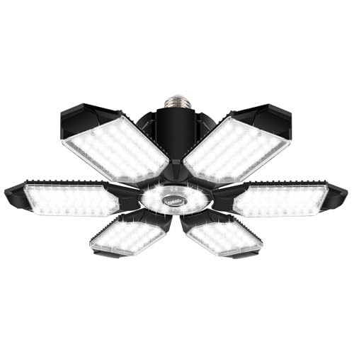onffo LED Garage Lights, 150W Deformable LED Garage Ceiling Lights with 6 Adjustable Panels, 10000LM 6500K E26/E27 LED Shop Lights for Garage, Basement, Barn, Warehouse