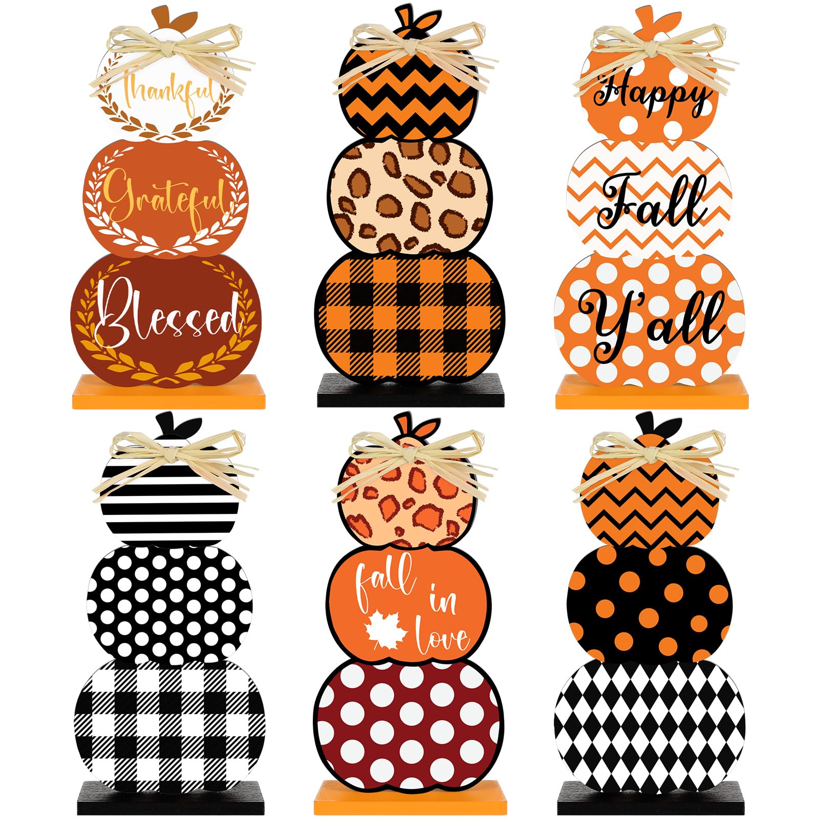 Barydat 6 Pcs Thanksgiving Table Decor Sign Stacked Pumpkins Wooden Pumpkins Stacked Thanksgiving Tiered Tray Decor Fall Decorations for Home Farmhouse Harvest Mantel Party