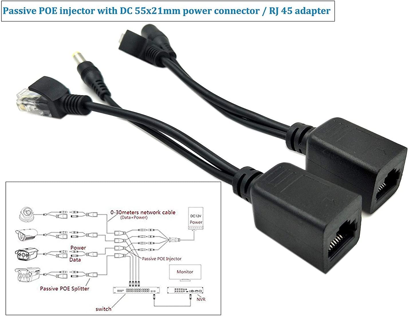 HUACAM Passive POE Injector and POE Splitter Kit with 5.5 x 2.1 mm DC Male and Female Power Adapter Connector POE Separator for RJ45 Power Over Ethernet (1 Pair)