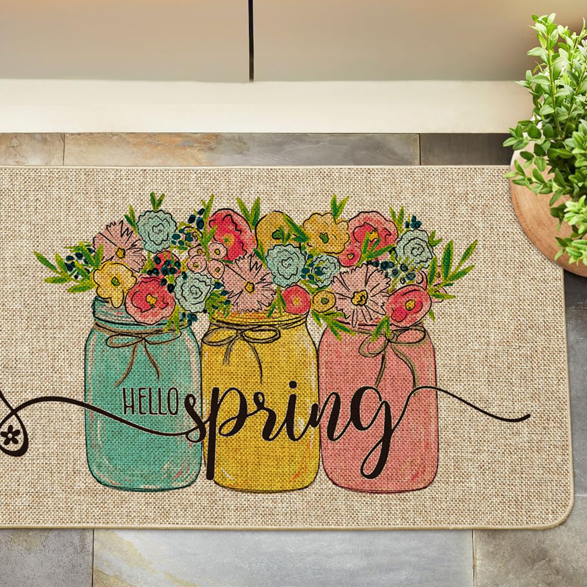 Artoid Mode Vase Hello Spring Doormat, Seasonal Spring Summer Easter Holiday Anniversary Low-Profile Yard Floor Switch Mat for Indoor Outdoor 17 x 29 Inch