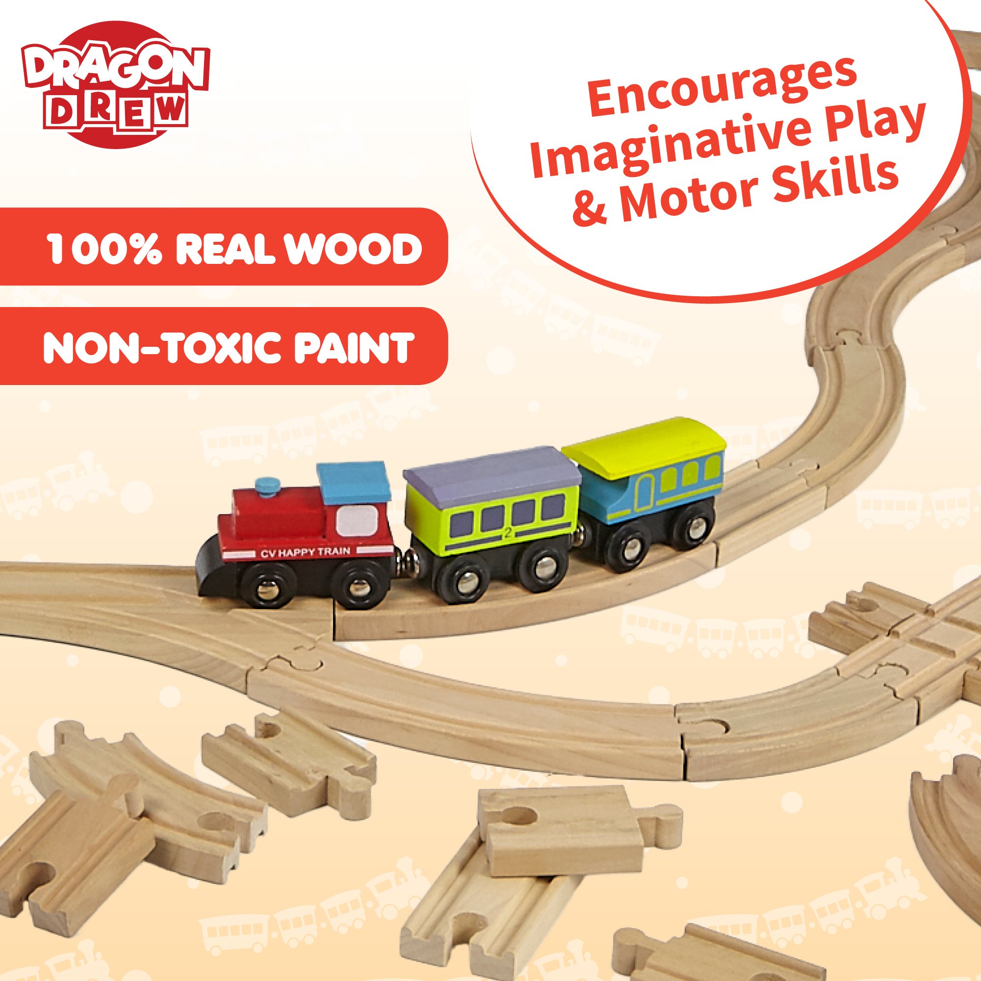 Dragon Drew Wooden Train Tracks - 55 Piece - Compatible with Brio, Thomas, Chuggington and All Major Brands – Accessories and Expansion Kit Includes 52 Tracks and 3 Cute Cars