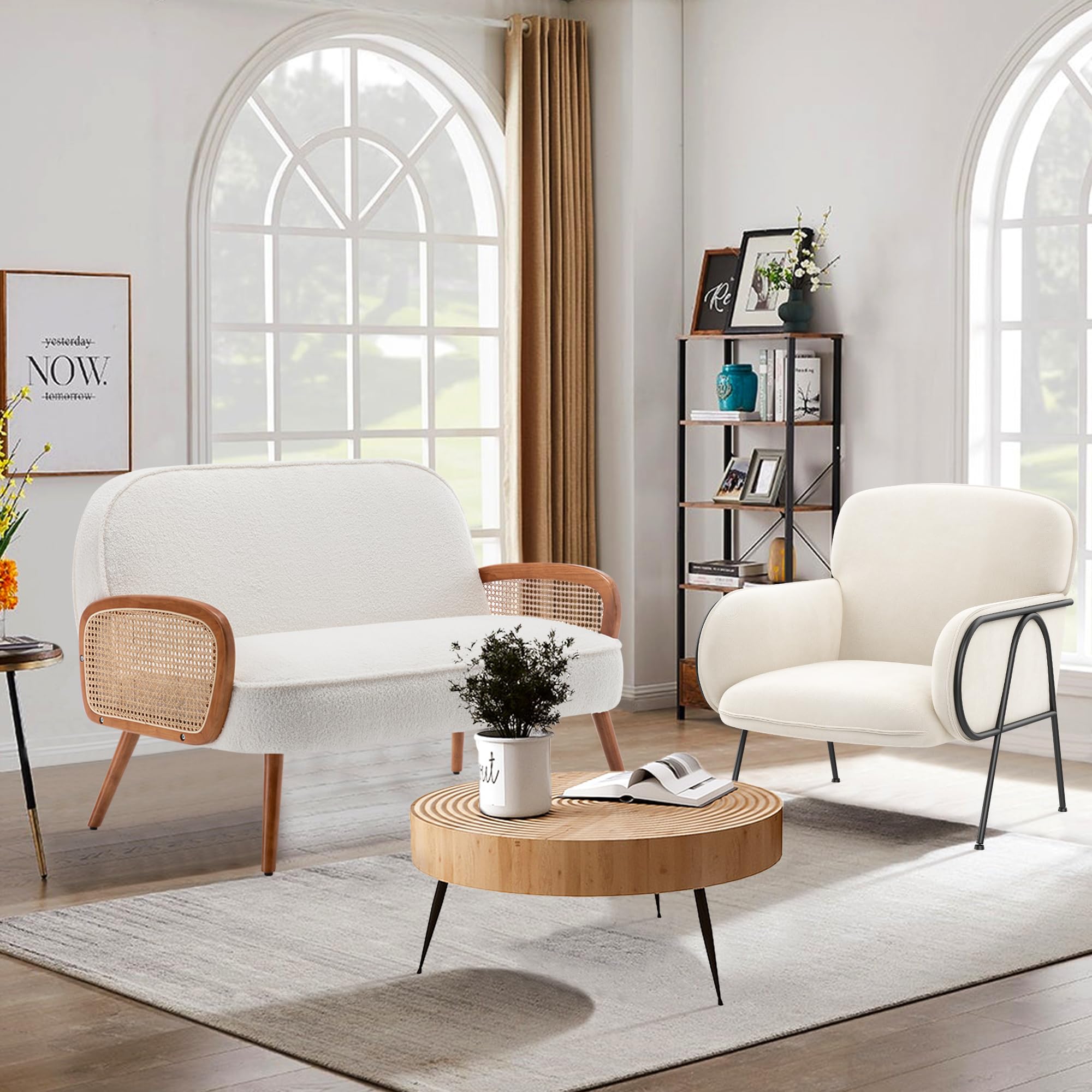 WENTMENT Loveseat Sofa Small Couch for Living Room Teddy Love Seat with Natural Rattan Armrest and Solid Wooden Legs Small Sofa for Small Space, Bedroom, Apartment(White)