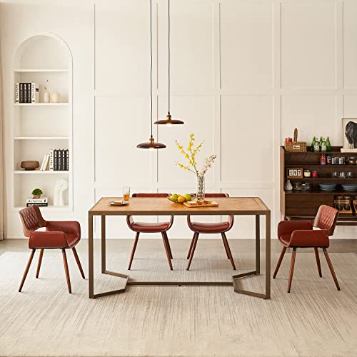 ARTPLAN Mid-Century Modern Accent Bamboo Small Arm Chair with PU Upholstered Dining Chair for Living Room, Set of 2
