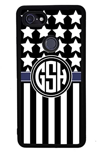 American Flag USA Thin Blue Line Police Monogram Black Rubber Phone Case Compatible With Google Pixel 8 Pro, 8a, 8, 7a, 7, Pixel 7 Pro, 6a, 6 Pro, 6, 5, 4a 5G, 4a 4G, 4, 4 XL, 3a, 3a XL, 3, 3 XL