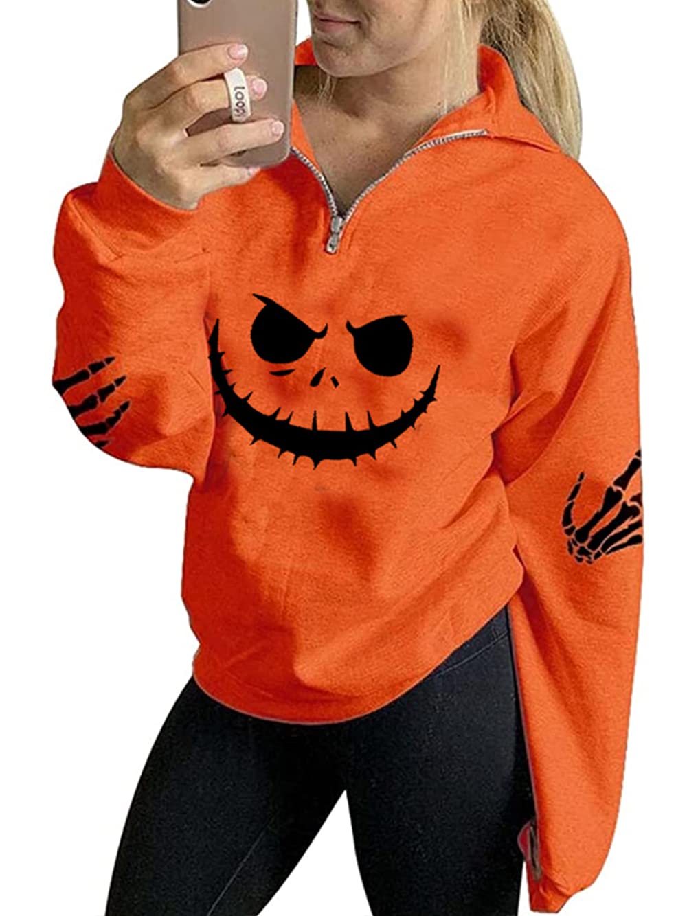 ASTANFY Halloween Sweatshirt for Women Pumpkin Tops Long Sleeve Shirts Half Zipper Lapel Casual Pullover Orange B, X-Large