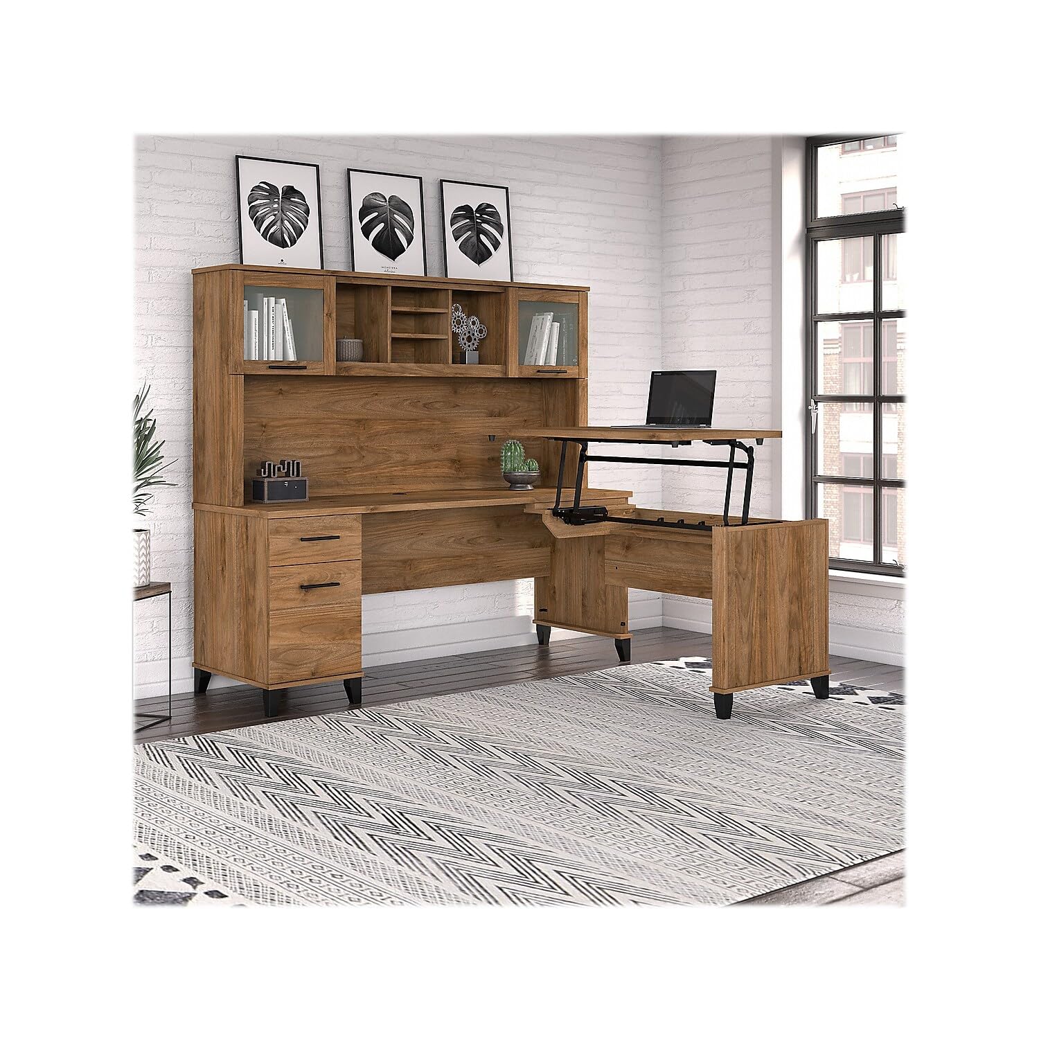 Bush Furniture Somerset 3 Position Sit to Stand L Shaped Desk with Hutch | Wide Office Computer/Laptop Desk with Storage Shelves & Drawers | Study Table and Work Desk in Fresh Walnut