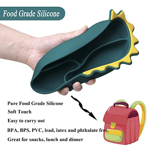 KAVONOI Baby Feeding Set,Silicone Suction Plate Dinosaur Shape SelfFeeding Adjustable Bib, Suction Plate for Baby Toddler with Spoon Fork Adjustable Bib Set -Blue Dinosaurs