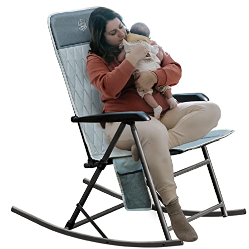 TIMBER RIDGE Padded High Back Folding Rocker Side Pocket Portable Rocking Lawn Chair Foldable for Camping Patio Garden, Supports 300 LBS, Grey