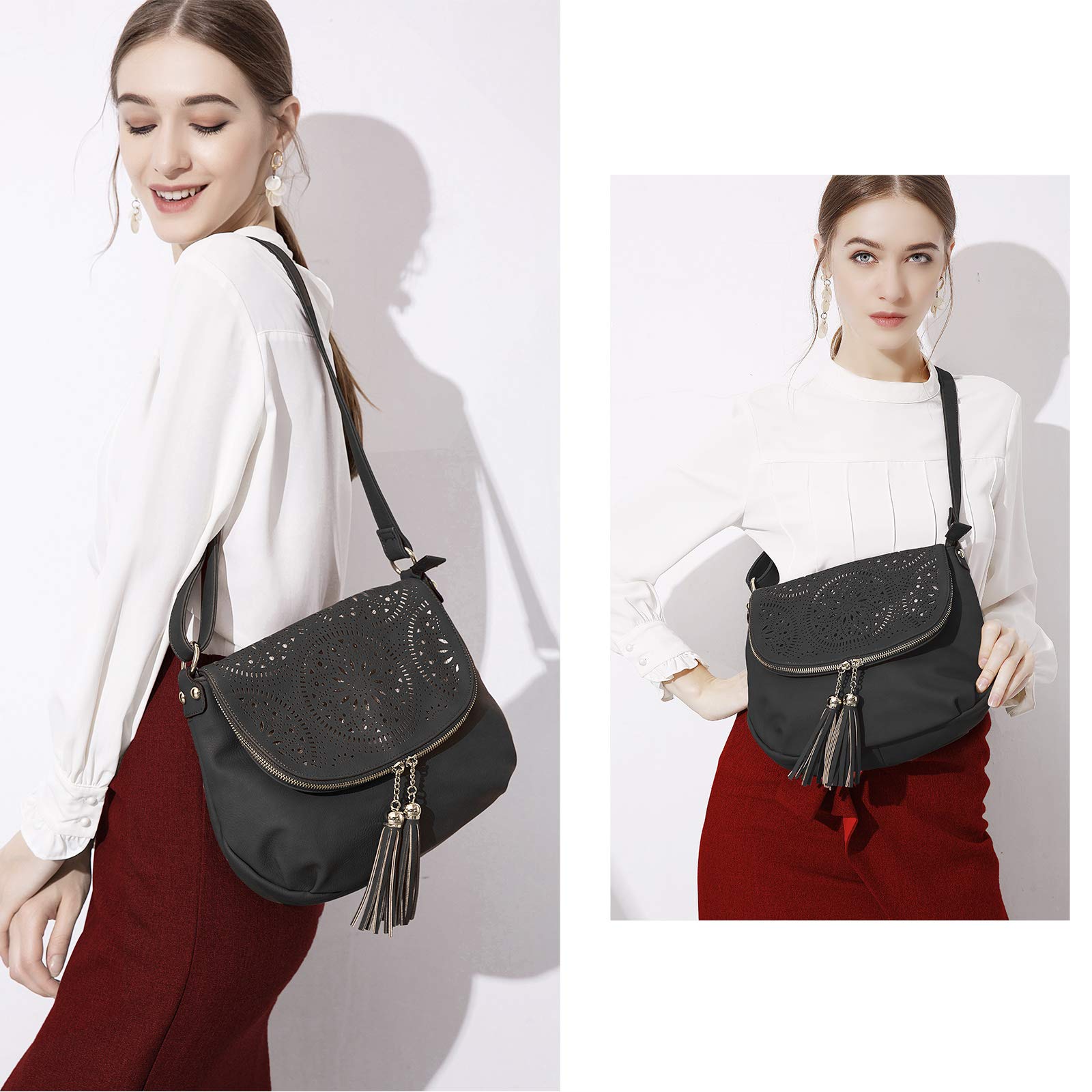 AFKOMST Boho Crossbody Bags for Women Large Size Soft Vegan Leather Over Shoulder Purses and Messenger Satchel Handbags,Multi Pockets,Black