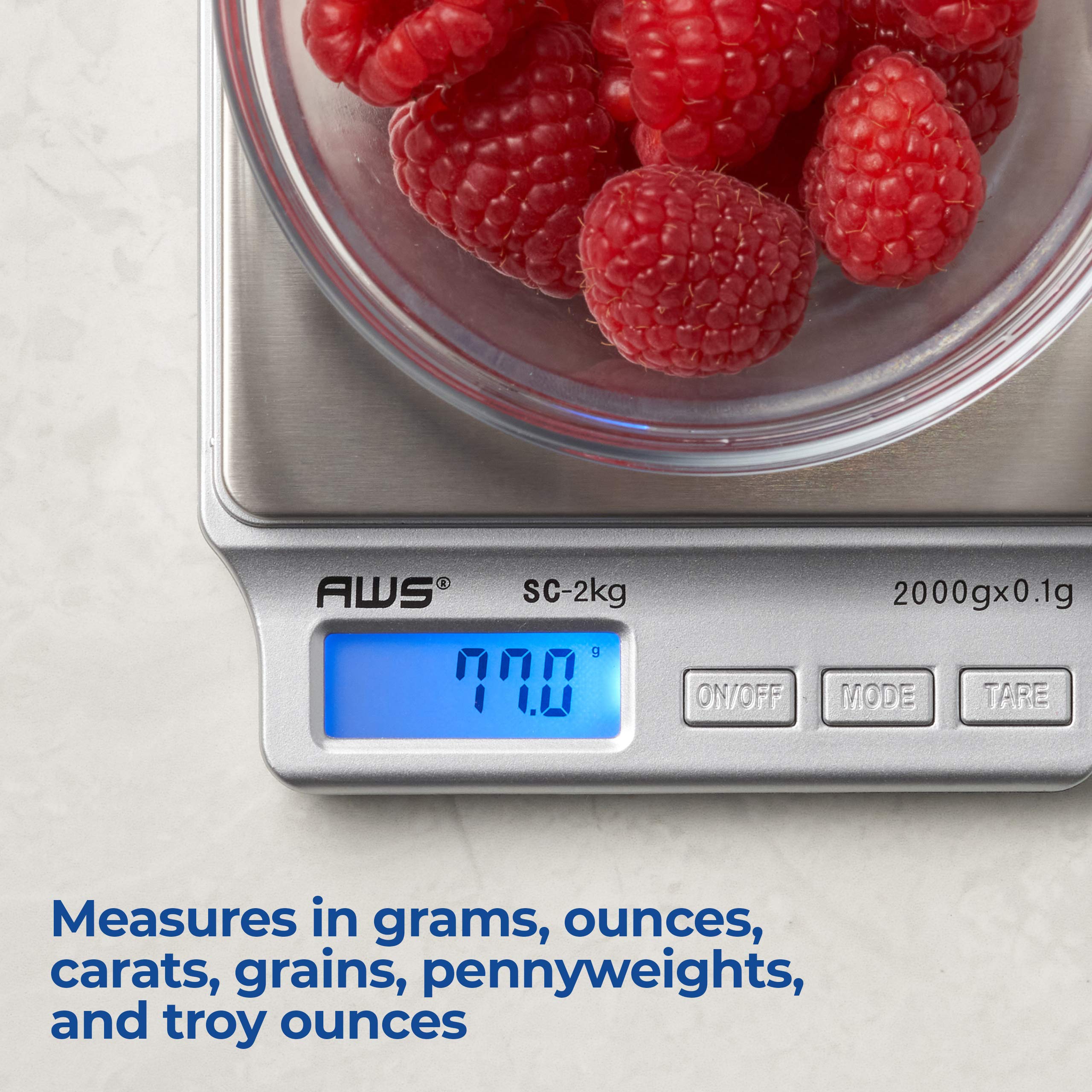 American Weigh Scales SC Series Precision Digital Kitchen Weight Scale, Food Measuring Scale, 2kg x 0.1g (Silver), AMW-SC-2KG
