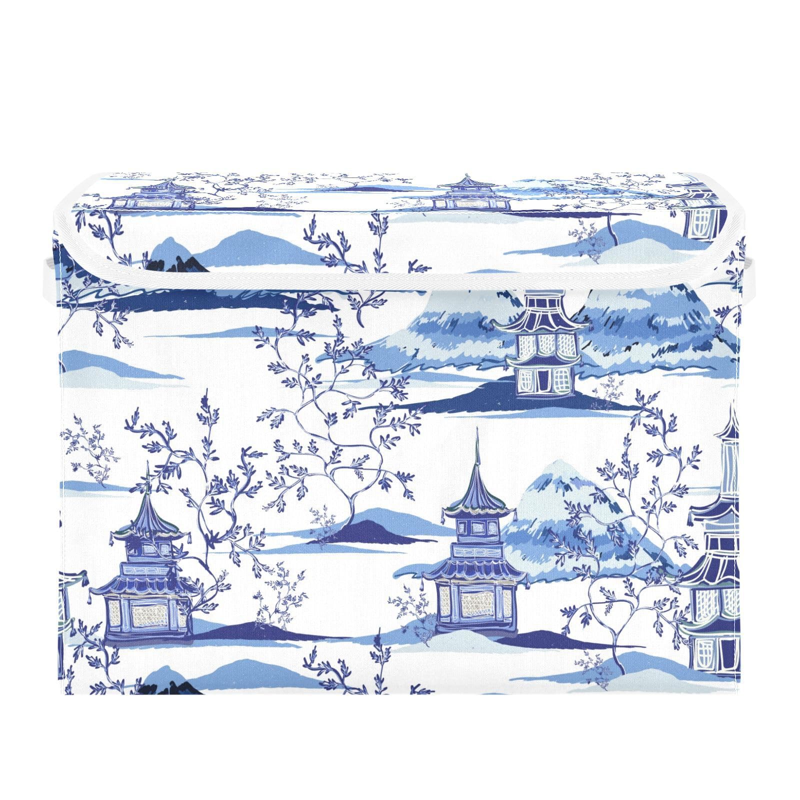 susiyo Ink Chinoiserie Pagodas Storage Bin Large Collapsible Storage Box Stackable design Fabric Storage Bins with Lids Decorative Multi-Color Foldable Organizing Baskets For Closet
