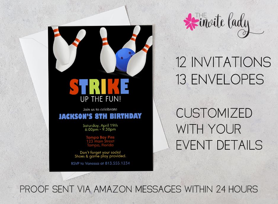 Bowling Birthday Party Invitations Bowling Alley Invites Strike Nightime Midnight Strike Ball Pins Bday Printed Customizable Personalized (12 Count)