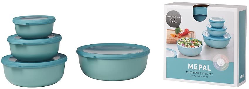 Mepal,Cirqula Set of 4 Multi Food Storage and Serving Bowls with Lids, Food Prep Containers, Shallow, Nordic Green,1 each (12oz, 25oz,42oz,76 oz),1 Set
