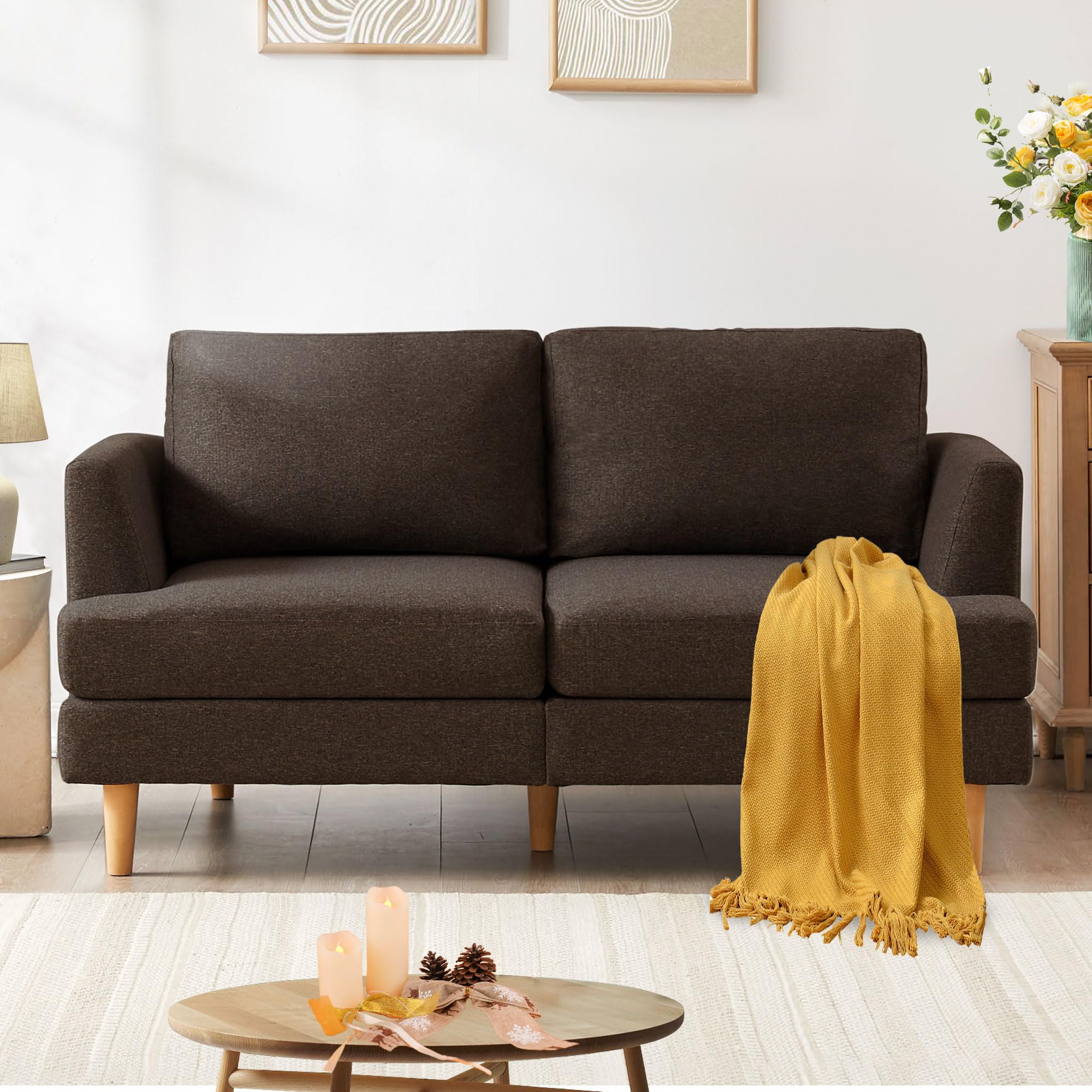 Busaurus Loveseat Sofa 65" Mid Century Modern Small Couches for Small Spaces Love Seat with 2-3 Seat Upholstered Cushion Sofa Couches for Bedroom Small Couch for Living Room Apartment (Brown)