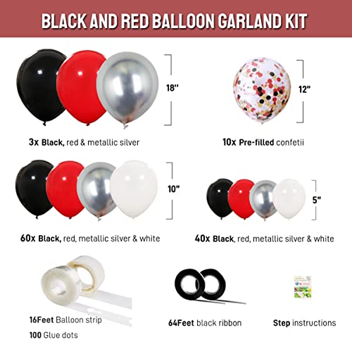 Black and Red Balloon Garland Kit Red Black White Metallic Silver Confetti Balloons Arch for Baby Shower Graduation Circus Pirate Birthday Party Decorations