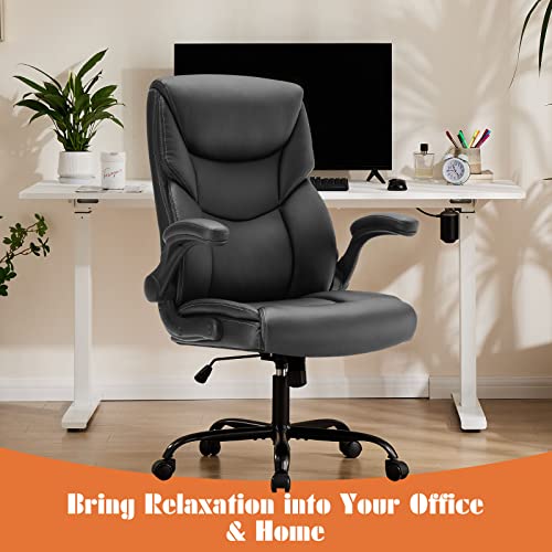 Office Chair - Ergonomic High Back Desk Chairs, Heavy Duty Task Chair with Flip-up Arms, PU Leather, Adjustable Swivel Rolling Chair with Wheels, Black