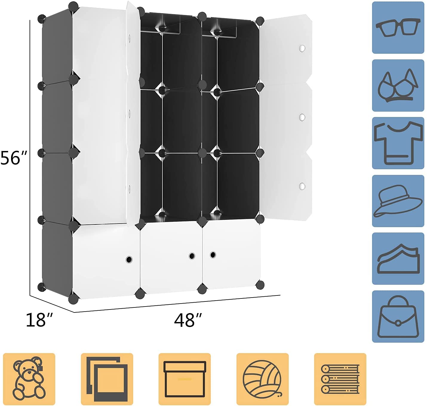 JKWAY DIY 12 Cube Storage Organizer with Doors, Portable Closet Wardrobe 14 in x18 Depth Cubes Clothes Organizer, Cabinet Book Shelf for Bedroom, , Office, Dorm Room (Black/White), (42 x56 )