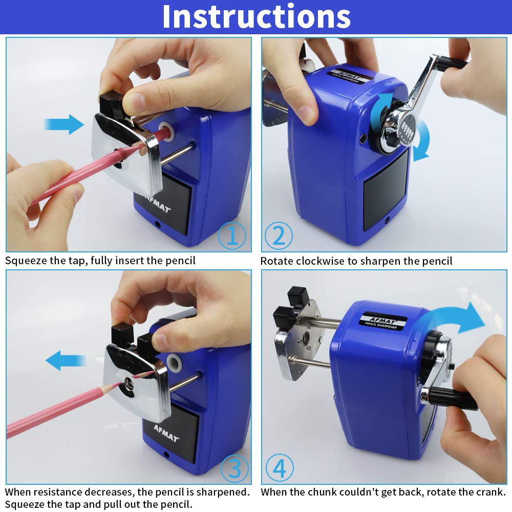 AFMAT Pencil Sharpener Manual, Heavy Duty Pencil Sharpener, Metal Pencil Sharpener for Classroom, Sharpen 6000 Times, Helical Steel Blade, Not Easy to Break, Perfect for Kids, Blue