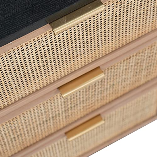Benjara Dana 47 Inch Wood Sideboard Cabinet, 3 Drawers, Rattan Doors, Modern, Brown and Black