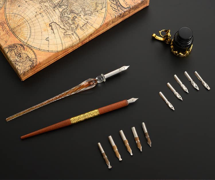 Fountain Pen Set - Calligraphy Pen Set Includes Wooden & Glass Pen - Ink & Pen Nibs