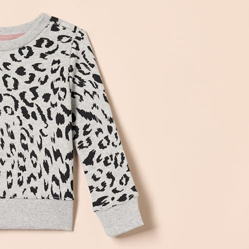 Amazon Essentials Girls' Fleece Crew-Neck Sweatshirts, Pack of 2, Black/Light Grey Heather Leopard, Medium