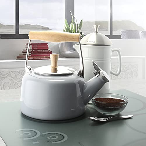Chantal SVEN Enamel on Steel Whistling Teakettle with Natural Wood handle, 1.4 quarts (Fog Grey)