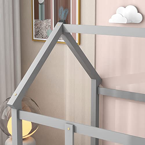 DEYOBED Twin Size Wooden Bed with House Roof Frame and Fence Guardrails, Twin Size Floor Bed Frame for Children - Gray Floor Bed
