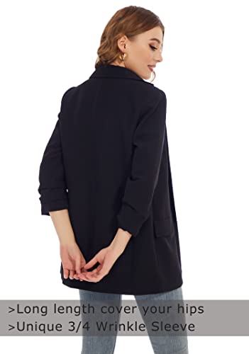 Black Blazers for Women Business Casual Lined Summer Blazer for Women Lightweight Ruched 3/4 Sleeve Open Front Work Office Light Fitted Suit Blazer(L)